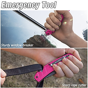 FLISSA Folding Pocket Knife, Tactical Knife with Liner Lock, Tanto Blade, Pocket Clip, Glass Breaker, Seatbelt Cutter, Perfect for Hunting, Camping, Survival (Pink)