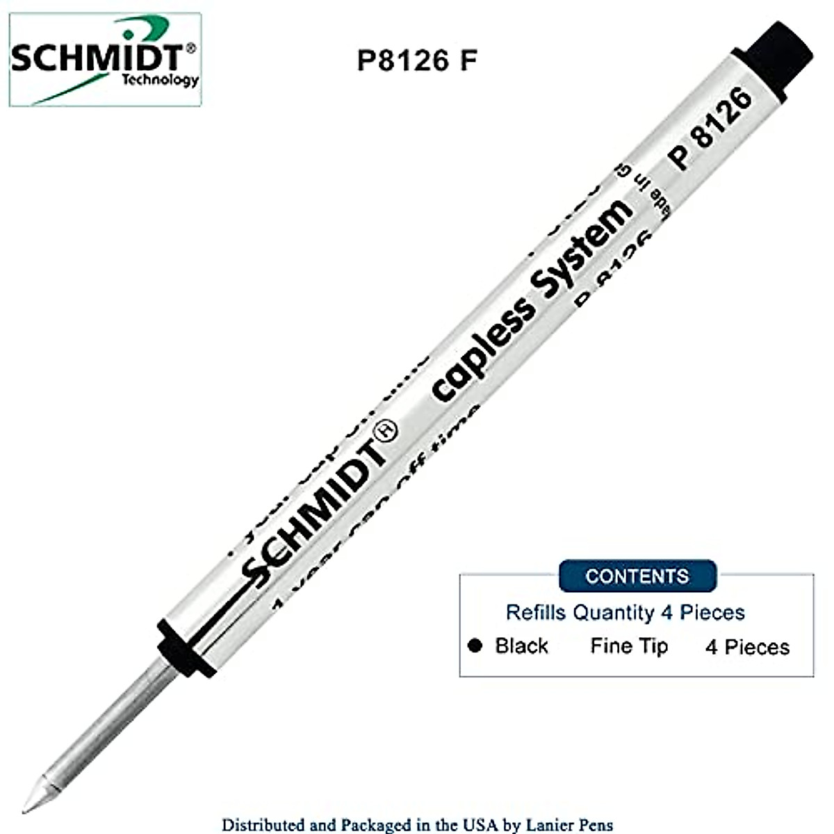 Lanier Combo Pack - 4 Pack - Schmidt P8126 Short version Capless System Rollerball - Black Ink - 3.88" in Length