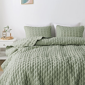 WDCOZY Sage Green Quit Twin Size Bedding Sets with Pillow Sham, Lightweight Soft Bedspread Coverlet, Quilted Blanket Thin Comforter Bed Cover, All Season Spring Summer, 2 Pieces, 68x90 inches