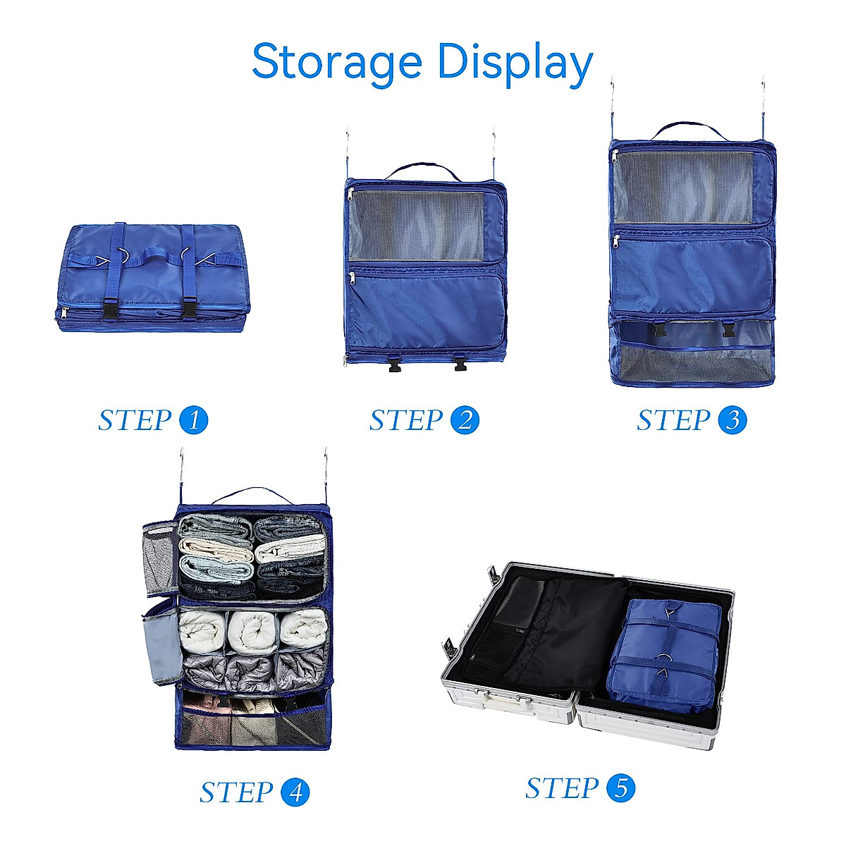 Surblue Hanging Travel Shelves Compression Packing Cube for Carry-on Luggage Suitcase Collapsible with Extension Layer Large Capacity, Blue, XXL