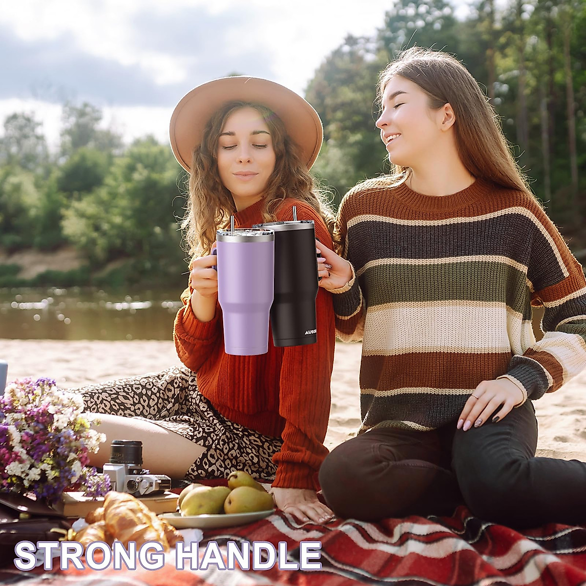 AUSOR 30 oz Tumbler with Lid and Straw,Water Bottle with Handle,Insulated Stainless Steel Tumbler for Hot & Cold, Coffee Travel Mug Cups Reusable Purple