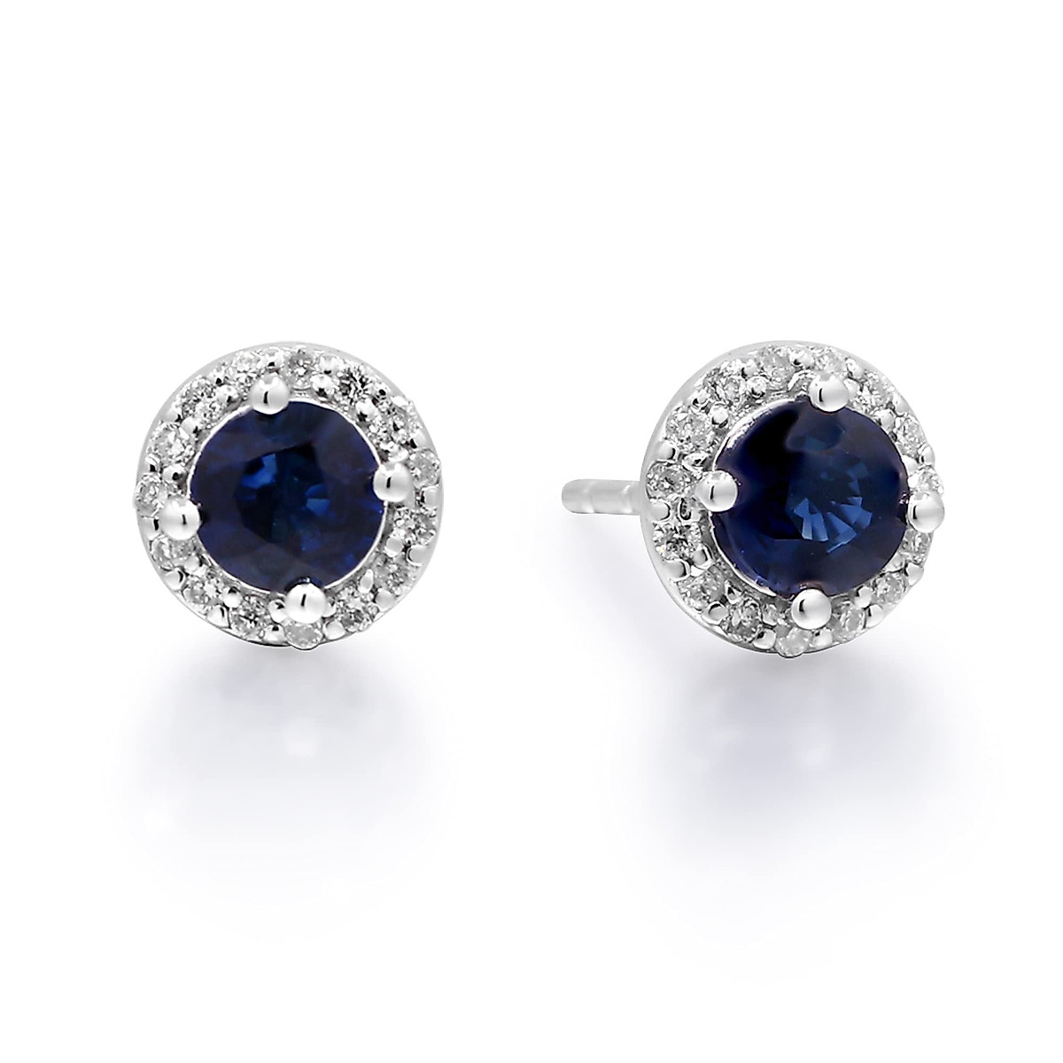 Gin & Grace women's 14K White Gold Genuine Blue Sapphire Earrings With Diamonds | Ethically, Authentically & Organically Sourced (Round-Cut) Shaped Sapphire Hand-Crafted Jewelry QA0869E-BS