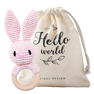 WOODEN TEETHER Crochet Baby Rattle, Crochet Baby Toys, Organic Wooden Newborn Toys, Newborn Animal Rattle Toys，Knitted Stuffed Animals Gifts for Baby, Pink Bunny