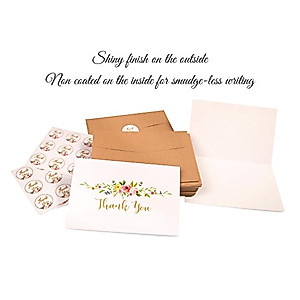 40 Floral & Gold Thank You Cards | Thank You Notes Bulk Box Set with Kraft Envelopes & Stickers | Large 4 x 6" White Greeting Cards Blank Inside | For Wedding, Graduation, Men & Women Sympathy
