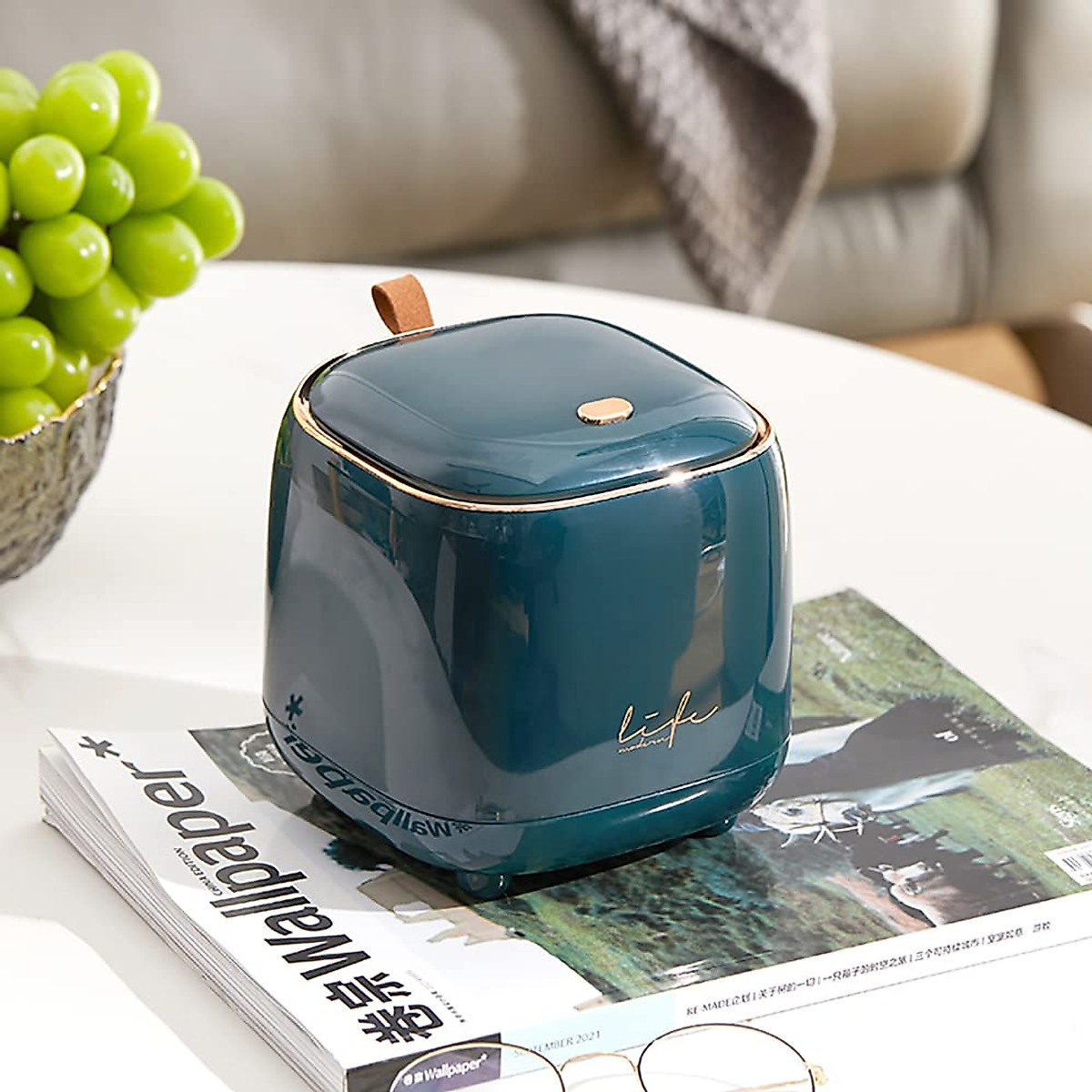 Thawella Mini Countertop Trash Can, 3L Capacity, Dark Green, Press Type, Removable Lid, Small Garbage Cans, Desktop Trash Can for Home, Office and Dressing Table