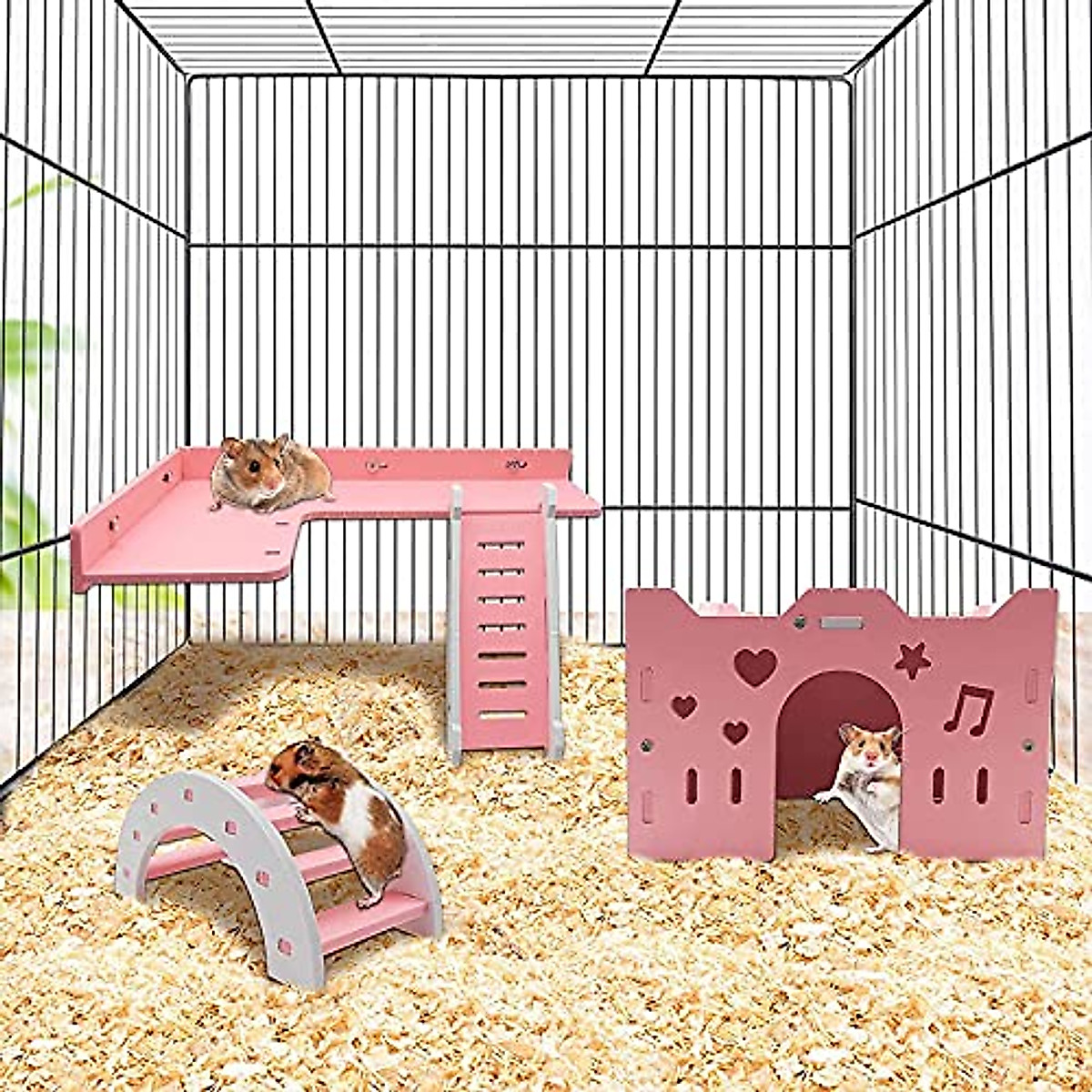 Hamster Platform with Climbing Ladder,Small Animal Wooden Natural Bridge Toy Guinea Pig Playground Cage Accessories for Hamster Guinea Pig Syrian Hamster Gerbil Dwarf Mouse Sugar Gliders 3 Pcs