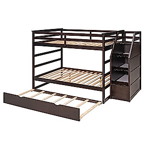 ODC Full Over Full Bunk Bed with Trundle,Solid Wood Stairway Bunk Bed with Twin Size Trundle and 3 Storage Stairs, Full Length Guardrail for Guests Room,Bedroom