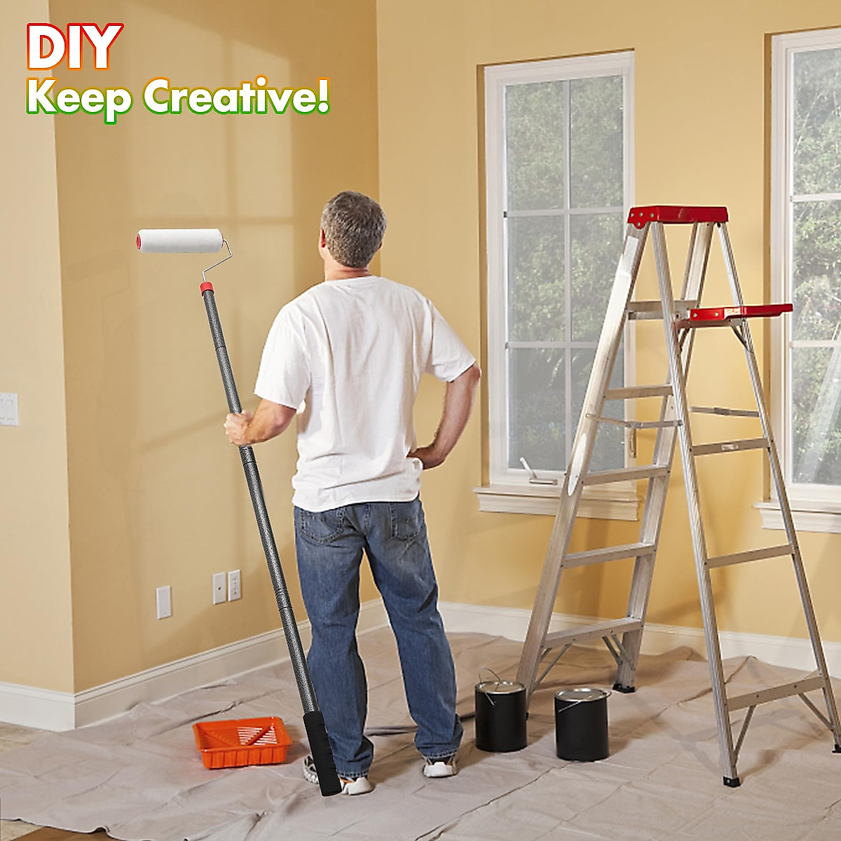 Paint Roller, 6 FT Paint Roller kit Adjustable Paint Roller Extension Poles with Brush Stainless Steel Poles Splicing Rod House Mural Brush for Walls and Ceiling