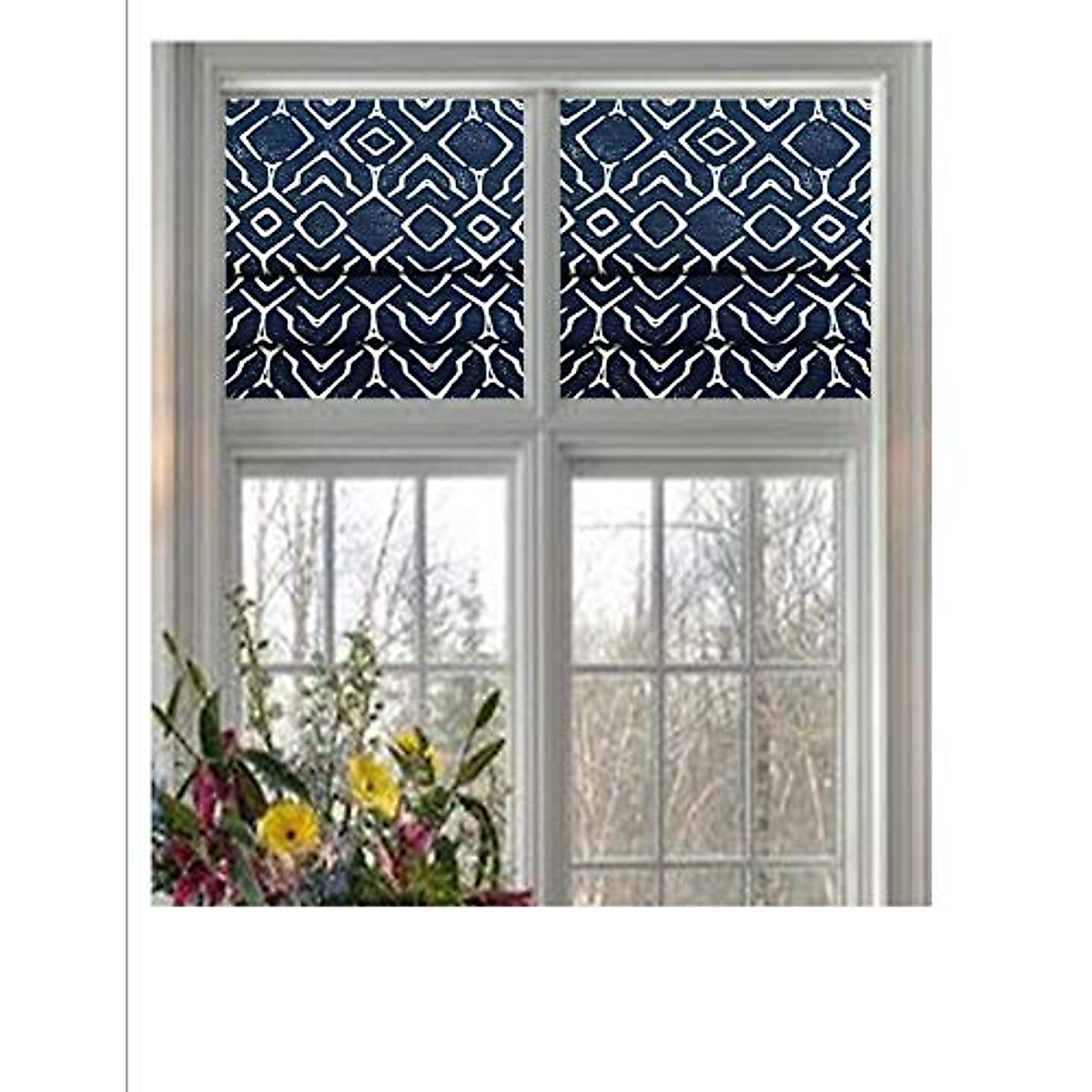 Faux Roman Valance Custom Made in Navy & Natural Trellis Print 100% Cotton Canvas Fabric. Fully Lined. Cordless. Ready to Hang