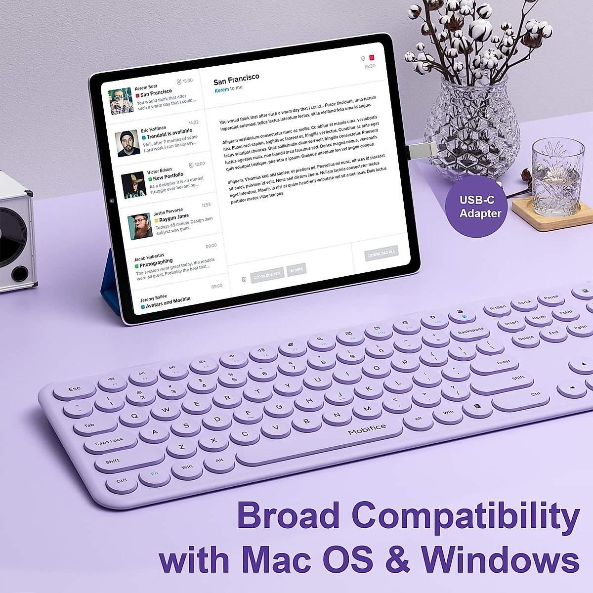 Mobifice Cute Keyboard and Mouse Wireless for PC Computer/Laptop/Windows/Mac/Tablets, Ultra-Thin 2.4GHz USB Cordless Full-Sized Silent Retro Computer Keyboard Mouse Combo (Purple)