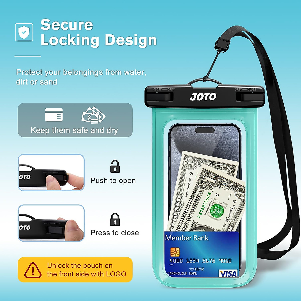 JOTO IPX8 Waterproof Phone Pouch Case, Underwater Dry Bag for Phone Protector for iPhone 15 14 13 12 11 Pro Max, Galaxy S24 S23 S22 Ultra Pixel to 7" Cruise Vacation Essential -2 Pack, Green