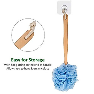 Arswin Loofah Back Scrubber for Shower, Wooden Long Handle Bath Sponge Lufa Shower Brush, Soft Nylon Mesh Back Cleaner Washer, Women & Men Exfoliating Luffa Pouf on a Stick for Body (Blue)