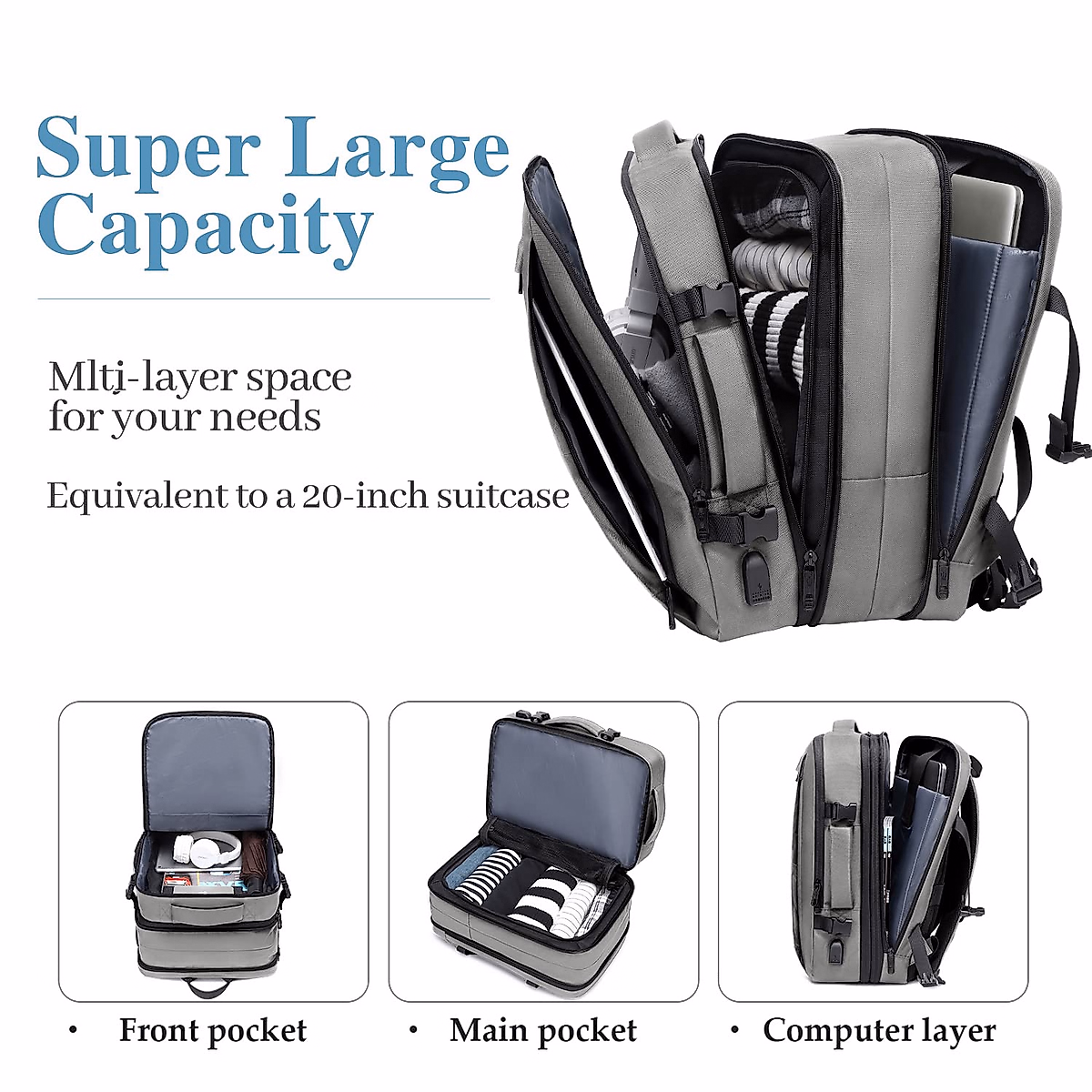 Travel Laptop Backpack, Extra Large 25-40L Expandable Carry On Backpack for Women Men with USB Charging Port, Water Resistant Luggage Computer Backpacks Bag Fits 17.3 Inch Laptop and Notebook,Grey