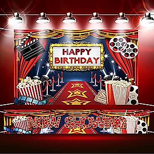 Movie Theme Party Decorations Include Large Fabric Backdrop Happy Birthday Background 5 x 3 Feet Movie Now Showing Banner 6 x 1 Feet for Movie Night with Rope