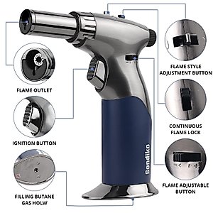 Sondiko Butane Torch, Dual Adjustable Flame Size Butane Torch Lighter, Mini Blow Torch, Refillable Blow Torch with Continuous Flame Lock for Creme Brulee, Cooking (Butane Gas Is Not Included)