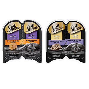 Sheba Perfect Portions Wet Cat Food Cuts in Gravy and Pate Variety Pack All Flavors, Beef, Chicken, Salmon, Turkey, Tuna, White Fish, 24 Servings | 12 Pack with LarasBundle Catnip Toys