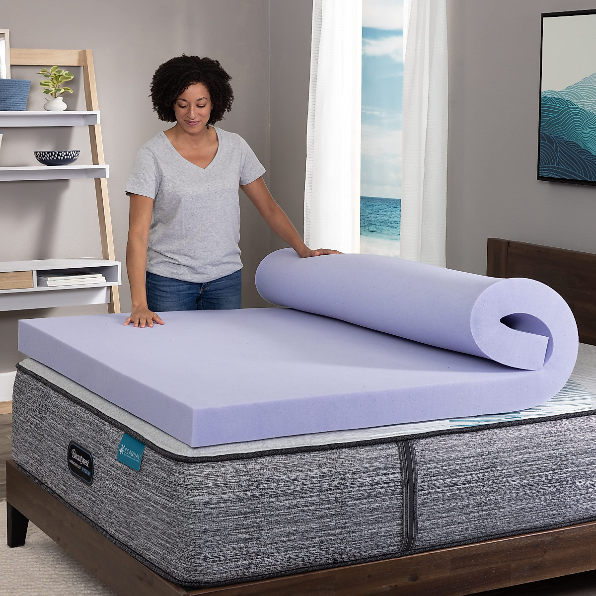 BEAUTYREST, Lavender Colored, Aloe Gel Bead, Pressure Relieving Memory Foam Mattress Topper, 4 inch, King