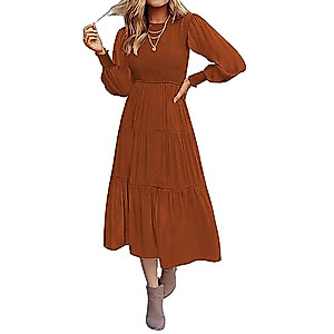 Tobrief Fall Dresses for Women Casual Smocked Beach Long Sleeve Midi Long Dress Rust L