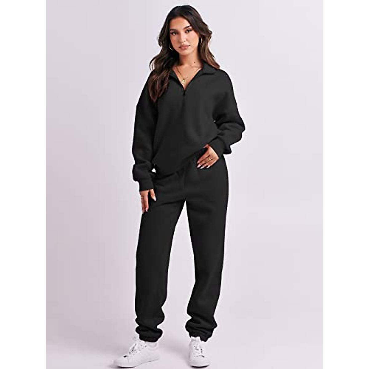 ANRABESS Women's Oversized Long Sleeve Lounge Sets Casual Top and Pants 2 Piece Outfits Sweatsuit with Pockets Black Ci776-hei-S