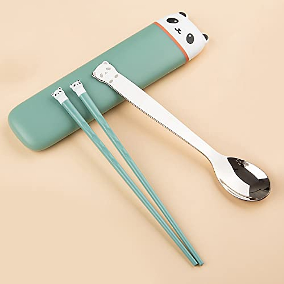 JinZu Portable Chopsticks Flatware Set, Silicone Lightweight Chopstick and Stainless Steel Spoon with Case, Reusable Portable Utensil for Camping,Traveling (Green)