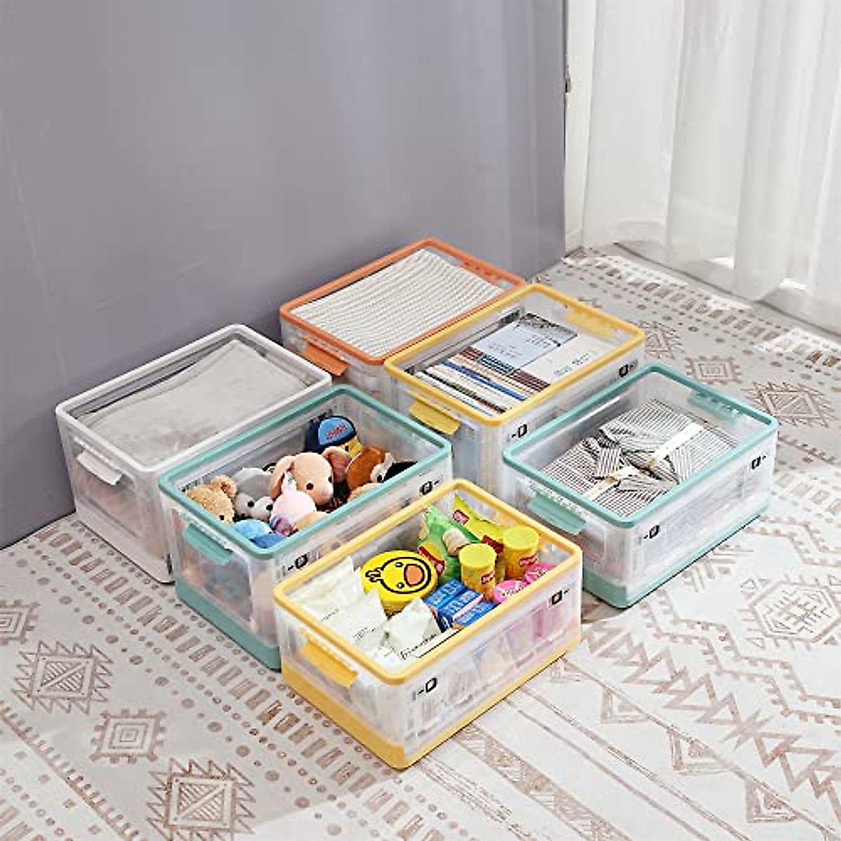 OEMVALATY 2 Packs Storage Bins with Lids,28 Qt. Clear Stackable Lidded Storage Bins,Collapsible Storage Cube Bins with Wheels, Plastic Storage Box Containers with Double Doors for Home, Office, Bedroom, Living Room