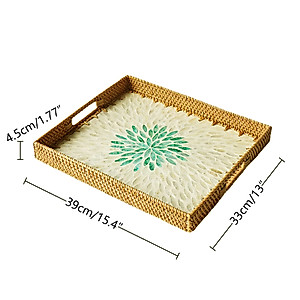 I-lan 15" Rectangular Rattan Woven Tray Basket with Mother of Pearl Inlay Wooden Base and Handles, Handmade Wicker Coffee Table Décor Serving Tray with 1.6" Wall, Handmade Decorative Display Basket
