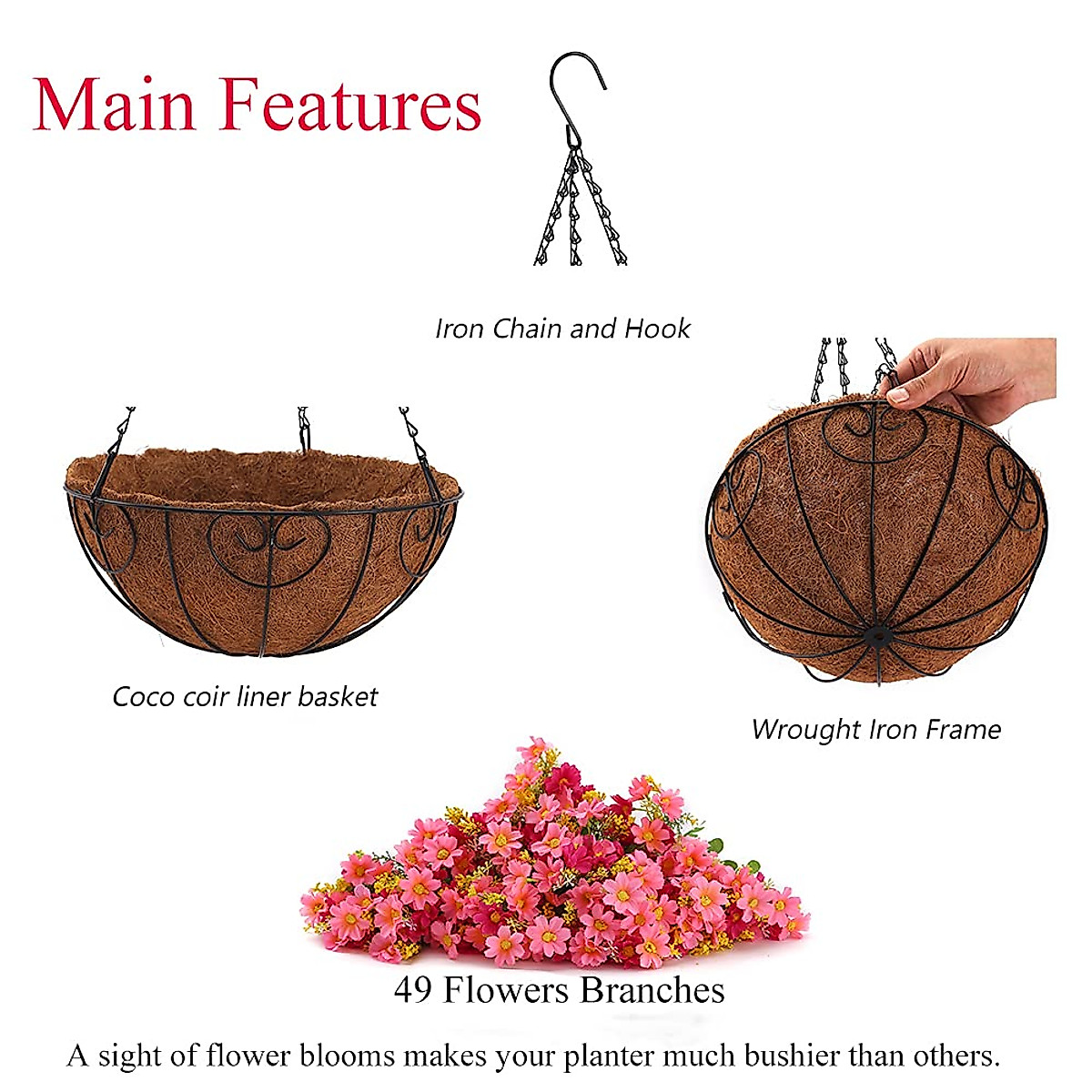 Maybox Artificial Hanging Basket with Flowers for Garden Eave Patio Lawn Decor 49Pcs Fake Daisy Bunches in 11.8 inches Metal Planter with Coco Coir Liner