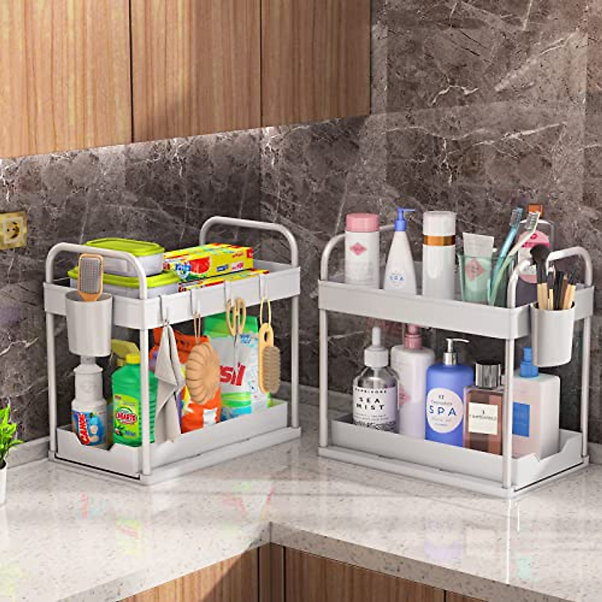 2-Tier Under Sink Organizer, PXRACK Sliding Under Bathroom Cabinet Storage Drawer Basket Organizer Rack with Hooks, Hanging Cup, Handles, Under Sink Shelf Organizer for Bathroom, Kitchen