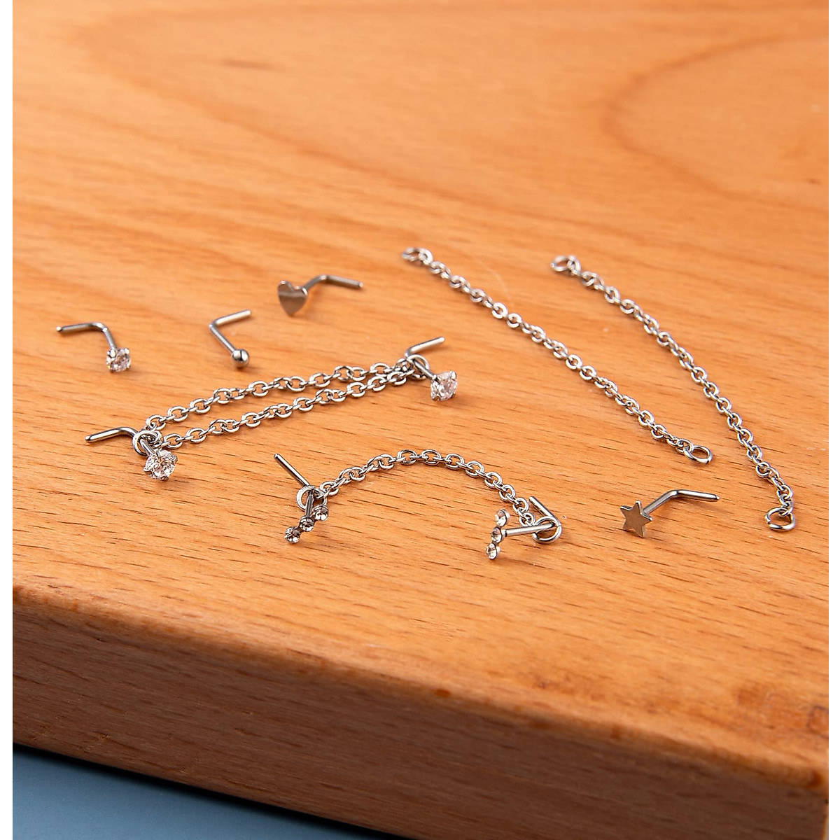 Masedy 20G Stainless Steel Nose Ring Stud Nose Ring Chain Piercing Across Double Nose Stud Heart Ball CZ Nose Studs Nostril Piercing Jewelry SL