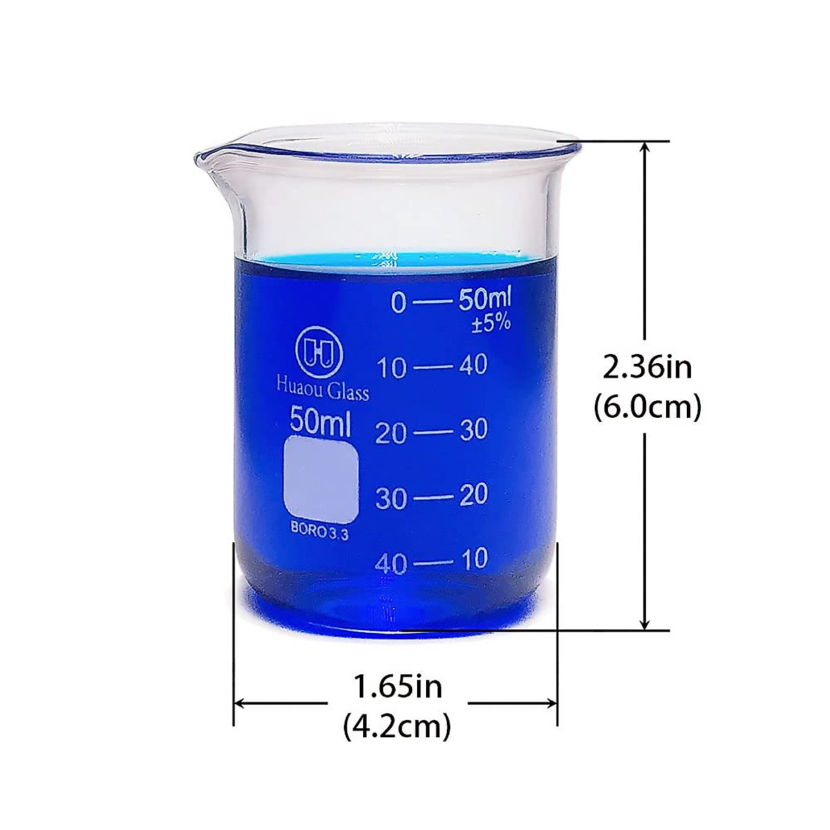 HUAOU Scientific 50ml Glass Beaker, Low Form, 3.3 Borosilicate Glass, Measuring Thick Wall with Printed Graduation, Double Scale (Single)