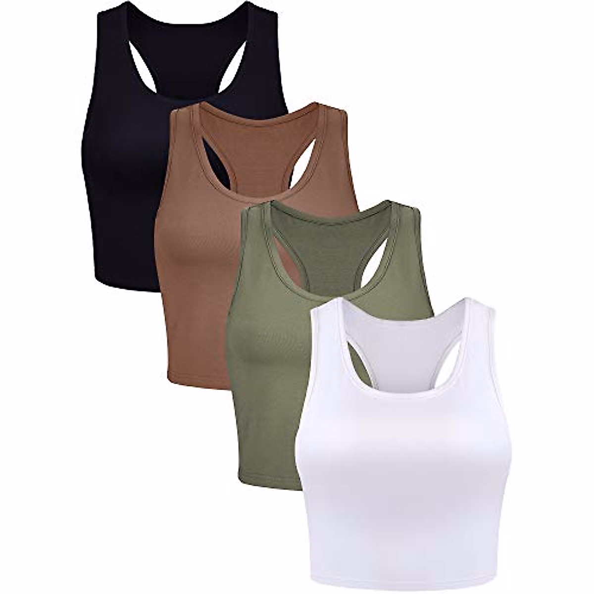Boao 4 Pieces Basic Crop Tank Tops Sleeveless Racerback Crop Top for Women (Black, White, Army Green, Coffee, Medium)