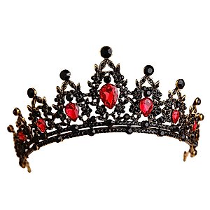 Lurrose Baroque Bride Crowns Black Rhinestones Gothic Chic Tiaras Vintage Crystal Queen Princess Crown Headpieces Headband for Wedding Prom Halloween Pageant (Red)