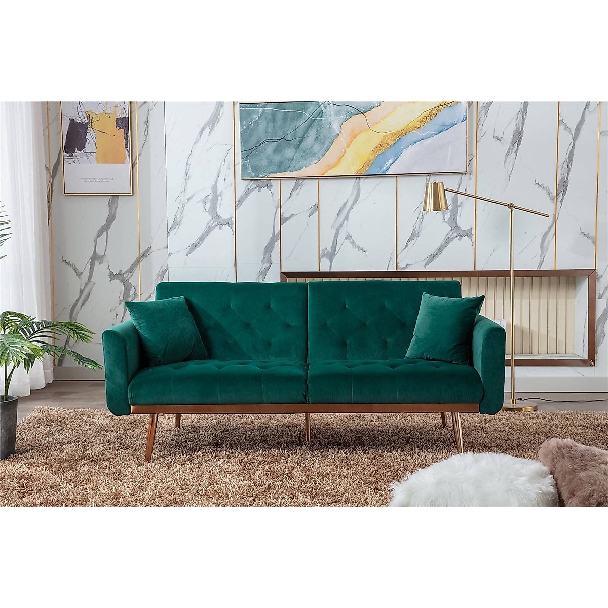 SZLIZCCC 63" Green Velvet Couch, Tufted Loveseat Sofa, Convertible Futon Sofa Bed, Accent Sofa Recliner, Golden Metal Legs, 2 Couch Pillows, Mid Century Modern Sofas for Home Living Room Bedroom