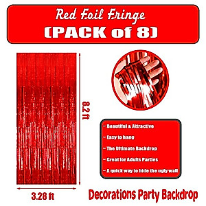 8 Pack Red Tinsel Foil Fringe Curtain Backdrop, 3.28Ft x 8.2Ft Metallic Streamers for Photo Booth Birthday Wedding Bridal Shower Bachelorette New Year Party Thanksgiving Christmas Decorations