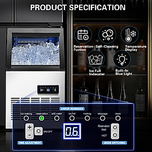 Zomagas Commercial Ice Maker Machine,110LBS/24H Ice Maker, Stainless Steel Freestanding Ice Machine with 28LBS Storage Capacity, Self-Cleaning, 2 Water Inlet Modes,Ideal for Restaurant,Home,Bar