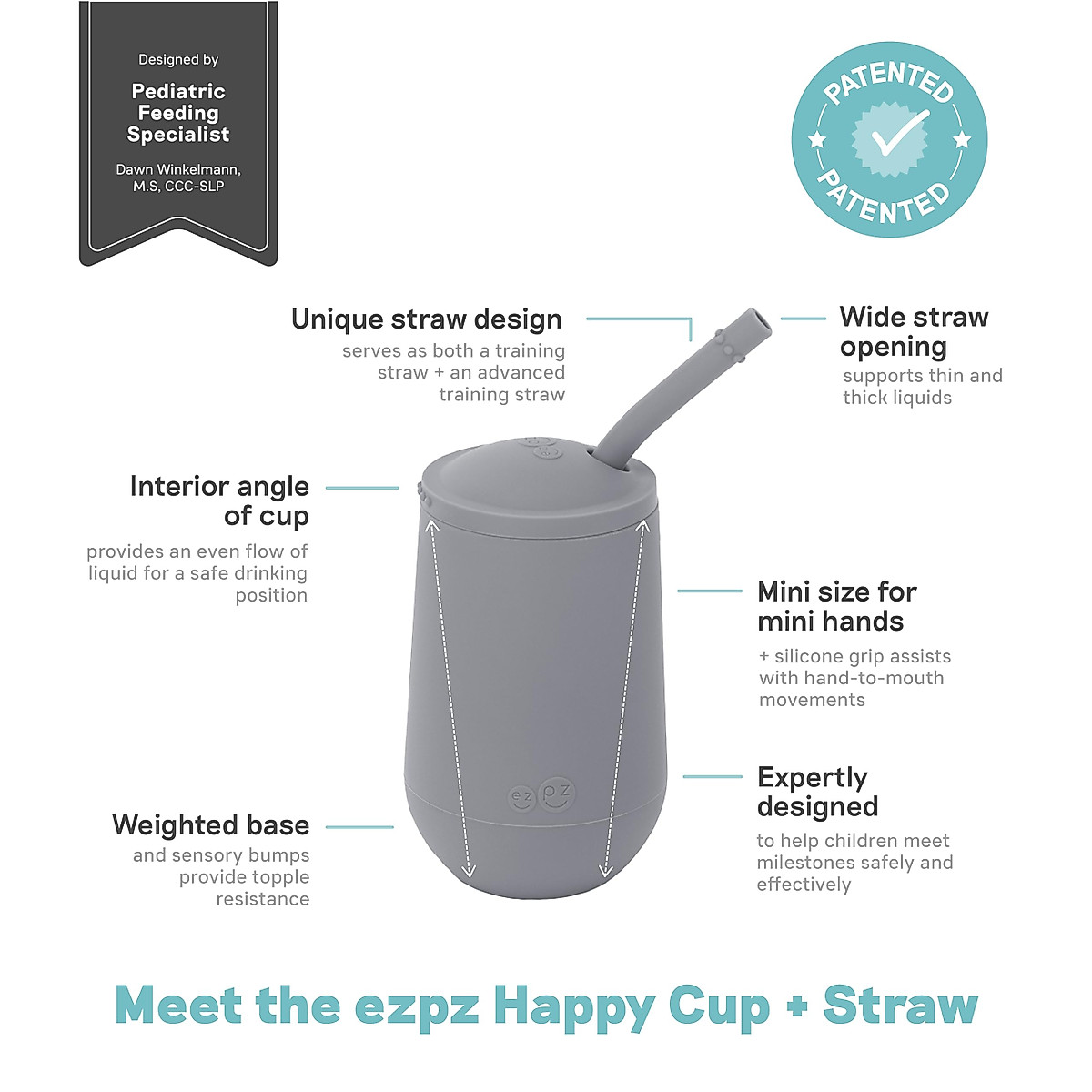 ezpz Happy Cup + Straw System - 24 months+ (Gray) - 100% Silicone Cup + Straw for Older Toddler + Preschoolers