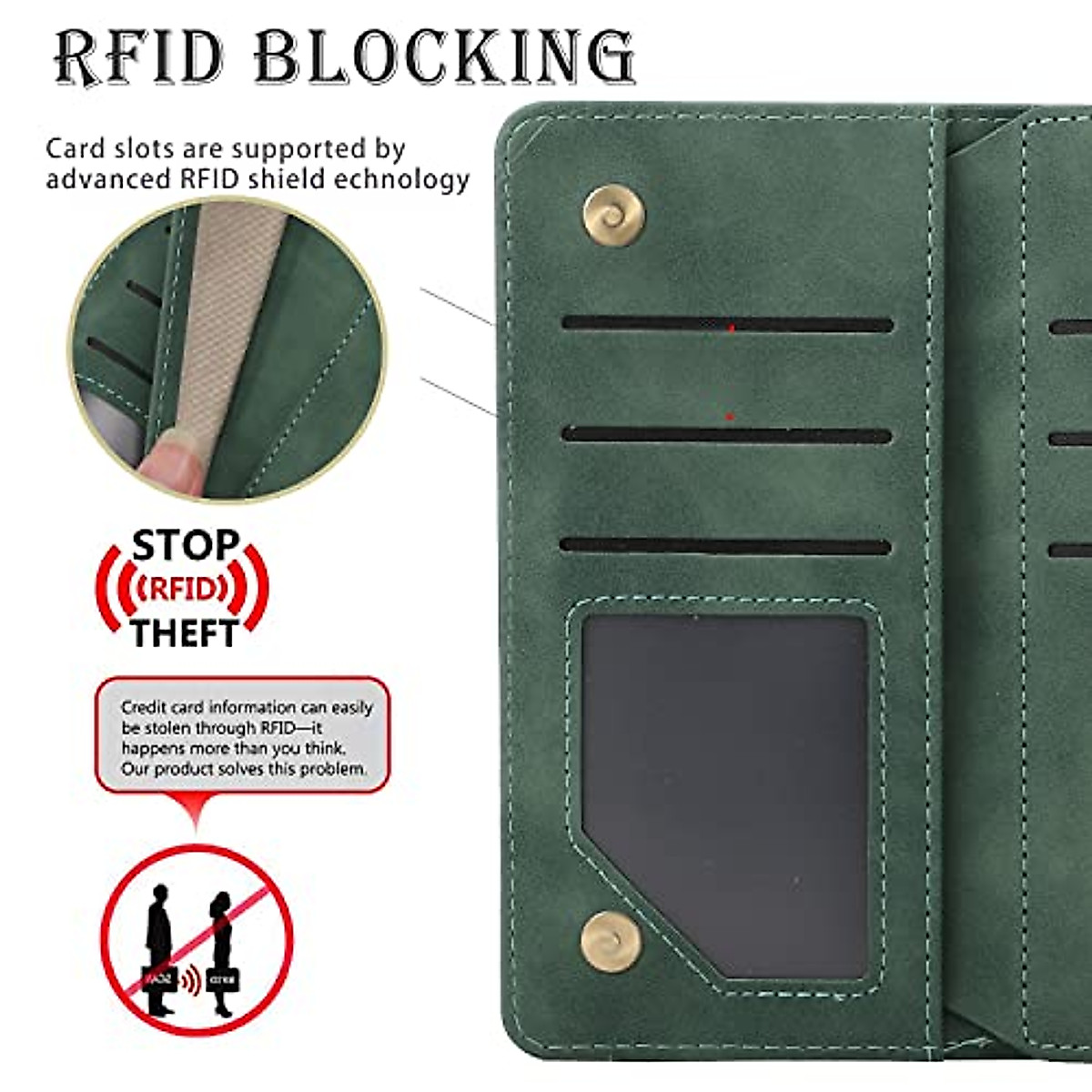 RANYOK Wallet Case Compatible with iPhone 13 (6.1 inch), Premium PU Leather Zipper Folio Wallet RFID Blocking with Wrist Strap Magnetic Closure Built-in Kickstand Protective Case (Black Green)