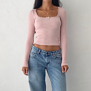 Women Y2k Crop Tops Long Sleeve Square Neck Ribbed Slim Fitted T-Shirt Tops Retro Streetwear (Pink, L)
