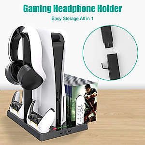 Linkstyle PS5 Vertical Stand with Cooling fan Dual PS5 Controller Charging Station Dock Led Indicator, 15 Game Storage, and Headset Holder for PS5 Console PS5 Digital Edition Console accessories