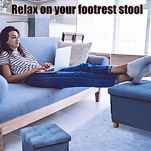 Wamnexti Denim Storage Ottoman Cube with Side Pouch, Foldable Tufted Denim Foot Rest Stool/Seat with Legs, Coffee Table Multipurpose Sofa for Living Room, Bedroom (Navy, 15'')