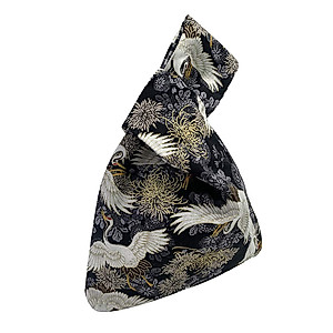 BAR Stylish Cotton Japanese Pattern Wrist Bag Sleeve Knot Pouch Portable Canvas Tote Purse for Female, Women (Black Grus Japonensis)