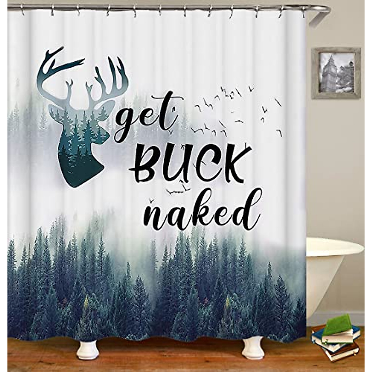 Camille&Andrew 4PCS Deer Antler Shower Curtain Set with Rugs, Green Pine Tree Misty Forest Nature Scenery Funny Quote Bird Elk Moose Wildlife Animal Hunting Rustic Cabin Bathroom Decor, Get Buck Naked