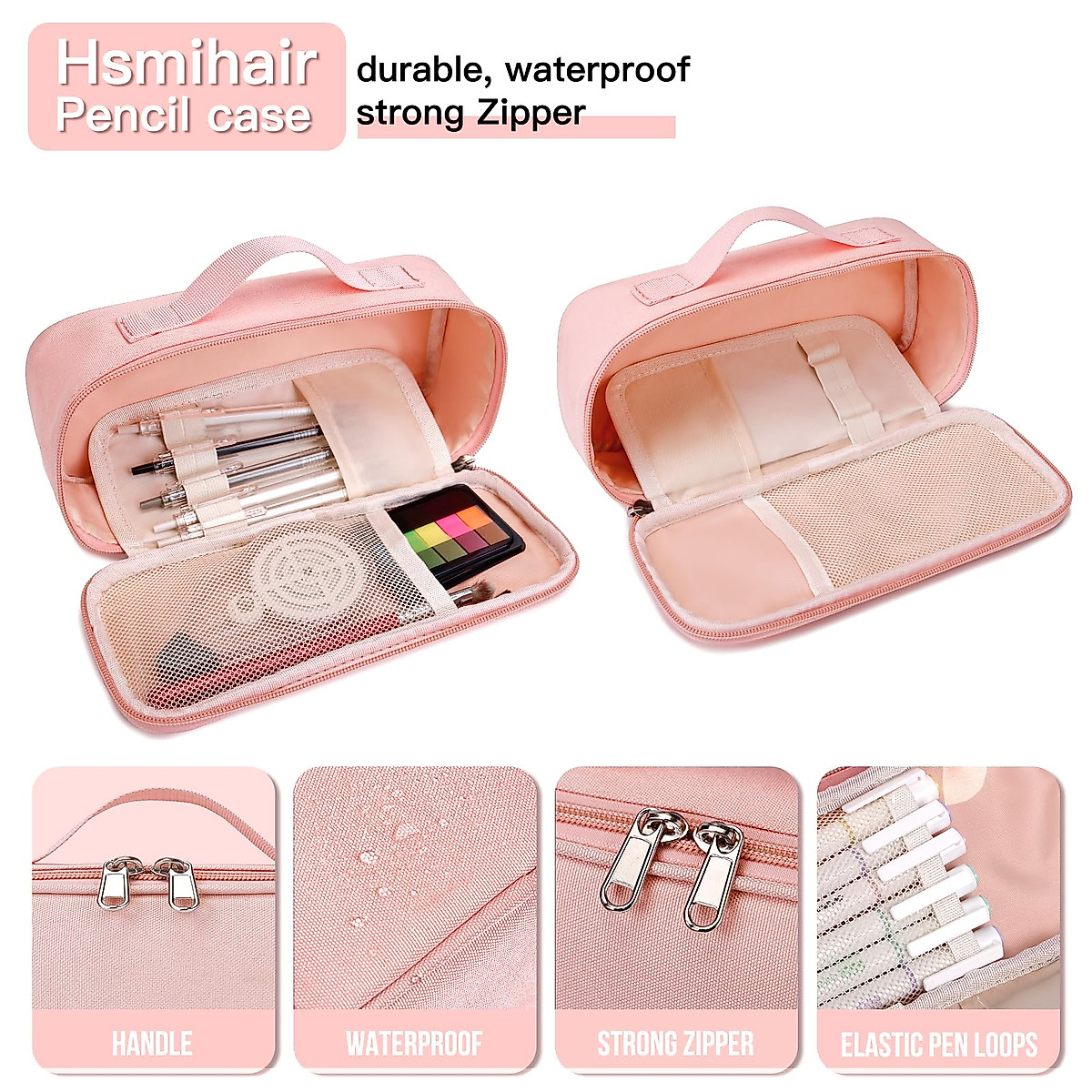 Hsmihair Big Capacity Pencil case pencil Bag Multifunctional Pencil Pouch with Compartmens, pencil box for girls boys Stationery Bag Pencil case Pouch Cosmetic 2100ML (Pink)