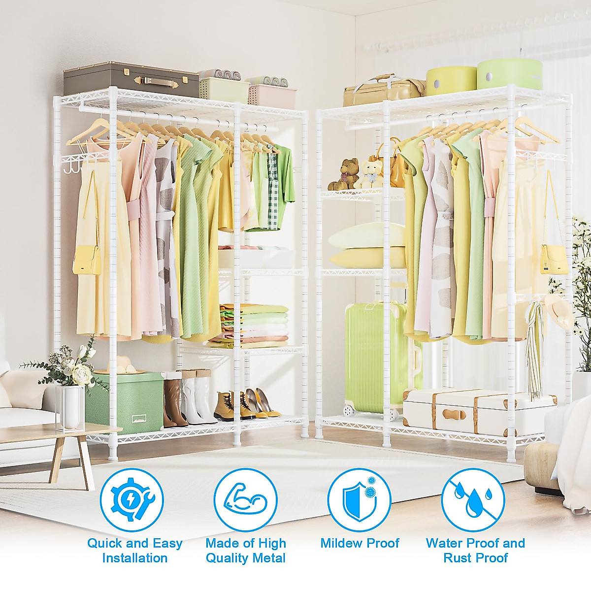 Ulif F4 Heavy Duty Clothes Rack（With Hanger Rod ） Freestanding Clothing Racks for Hanging Clothes，Adjustable Closet Organizer System，Portable Garment Rack 45" W x 15" D x 70" H，Max Load 500LBS，White