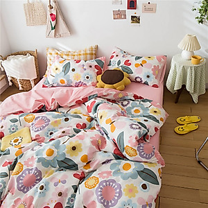 BHUSB 3 Piece Teens Floral Bedding Sets Pink Flowers Print Kids Duvet Cover Set Twin Garden Soft Cotton Comforter Covers for Bedding Collection Twin Set Zipper Closure