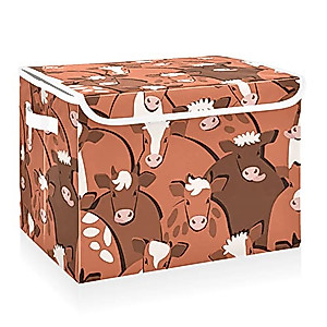 CaTaKu Cartoon Cow Animals Storage Bins with Lids and Handles, Fabric Large Storage Container Cube Basket with Lid Decorative Storage Boxes for Organizing Clothes