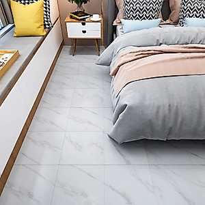 VEELIKE Vinyl Floor Tiles Peel and Stick 12''x12'' White Marble Flooring Tiles Self Adhesive Waterproof Floor Vinyl Sticker Tiles Decorative for Bathroom Bedroom Kitchen Wall Basement 4 Pack