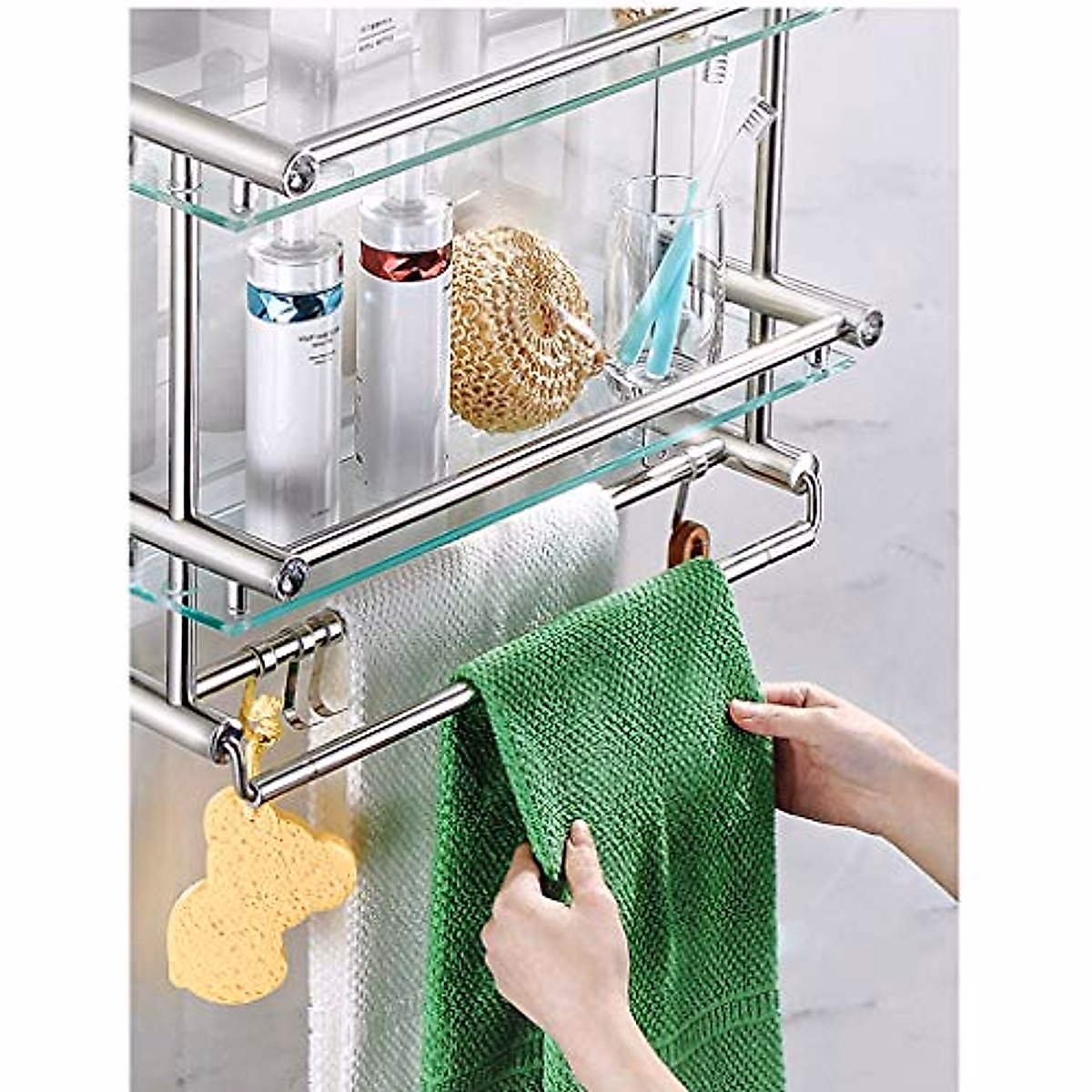 2 Tier Bathroom Shelf Wall Mounted Towel Rack for 8mm Tempered Glass Shelf Storage Holder, Stainless Steel Shower Basket, Pack
