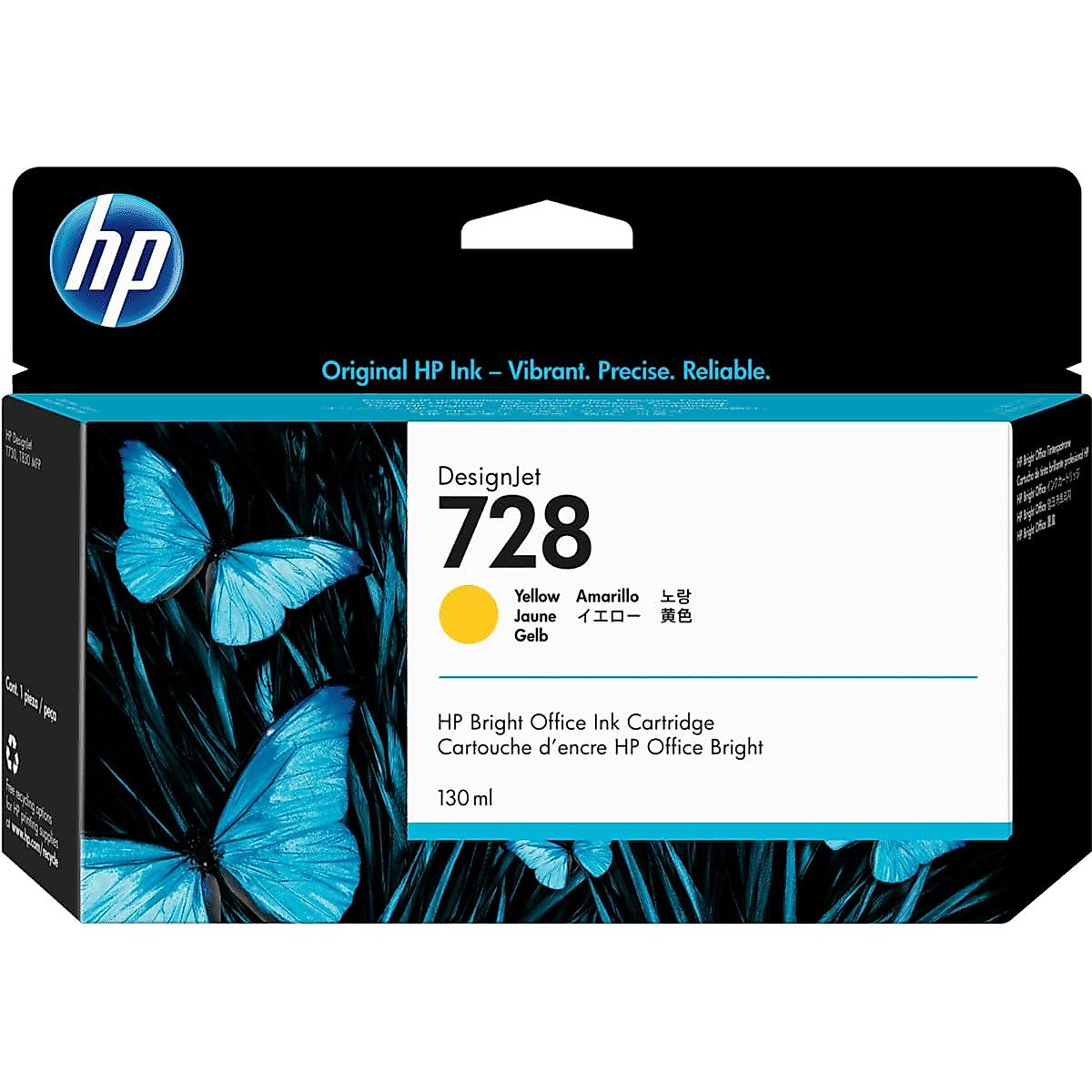 HP 728 Yellow 130-ml Genuine Ink Cartridge (F9J65A) for DesignJet T830 MFP & T730 Large Format Plotter Printers