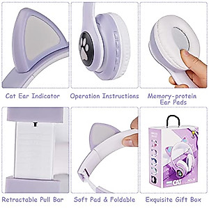 AXFEE Kids Headphones, Cat Ear Kids Bluetooth Headphones, LED Light Up Over Ear Kids Wireless Headphones with HD Stereo Sound 105dB Volume Limited, Foldable Over-Ear Headphone for PC/Pad/School-Purple